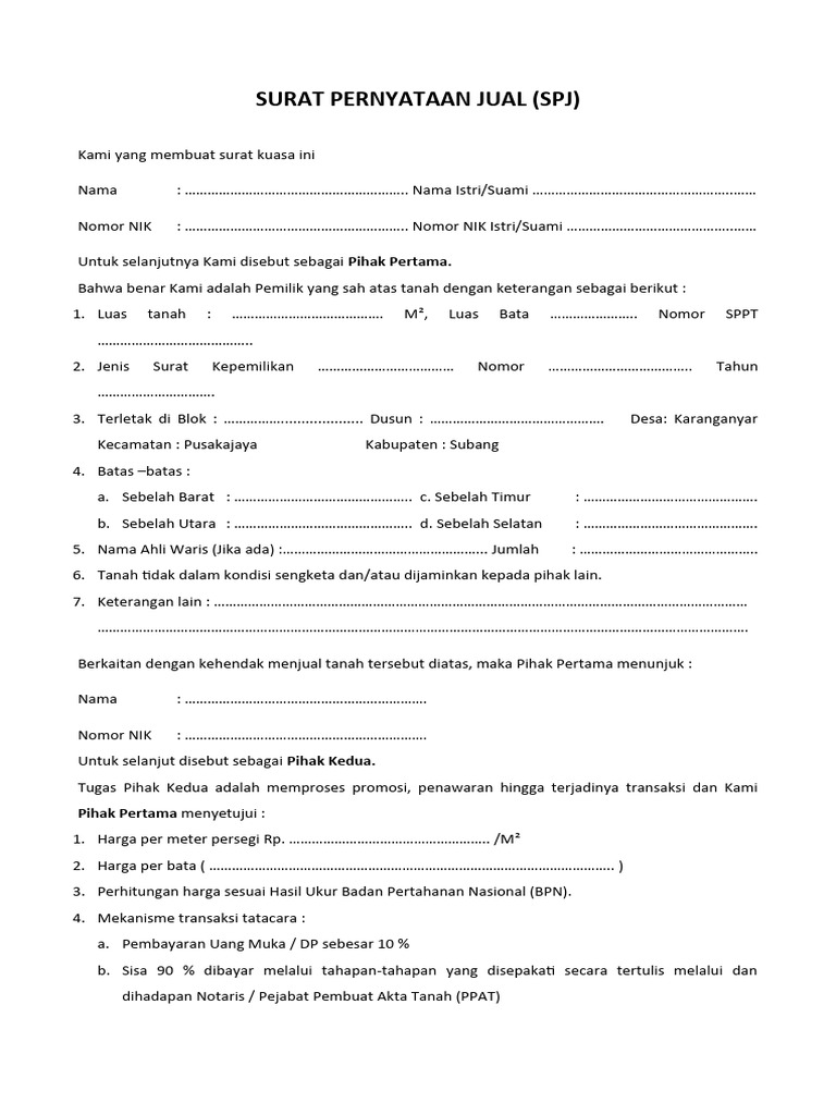 Surat Pernyataan Jual (SPJ) | PDF