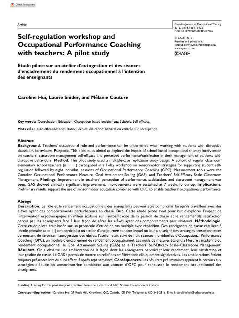 Self-Regulation Workshop and Occupational Performance Coaching With ...