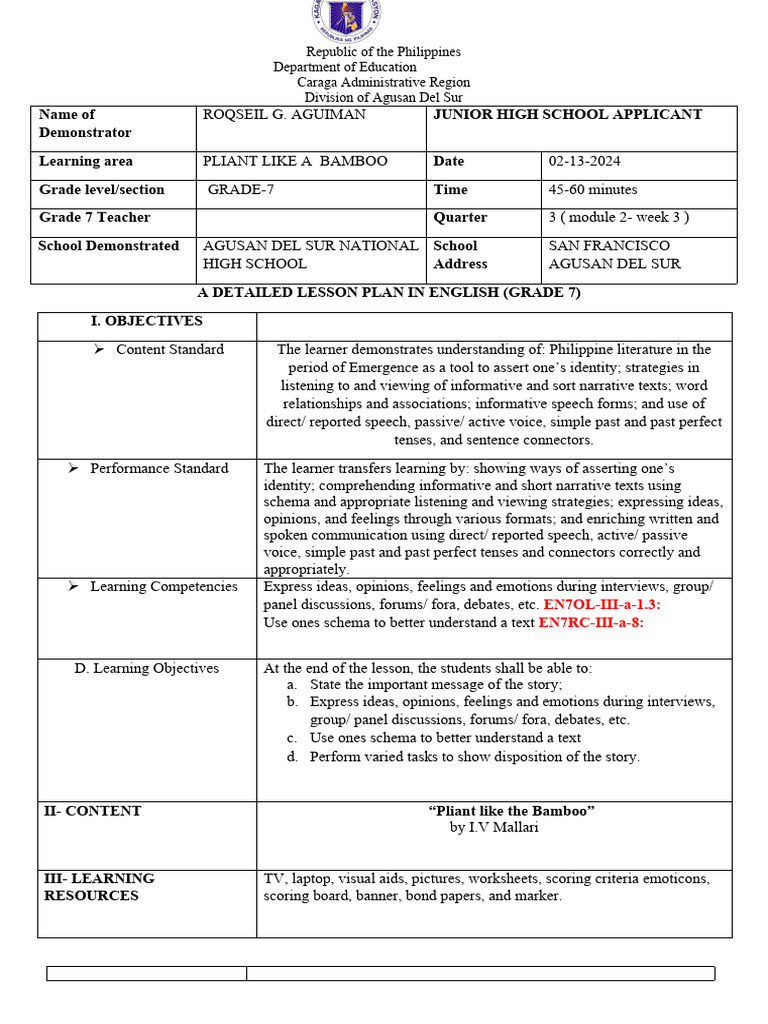 Detailed English Lesson Plan for JHS | PDF | Psychological Resilience ...