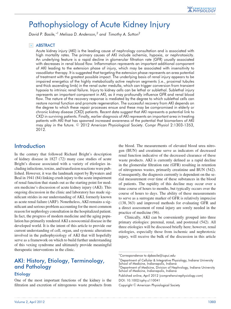 Pathophysiology of acute kidney injury. Comprhensive physiology ...