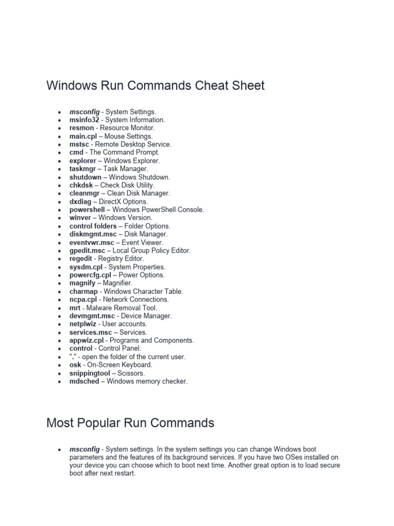 Essential Windows Run Commands Guide | PDF | Microsoft Windows ...