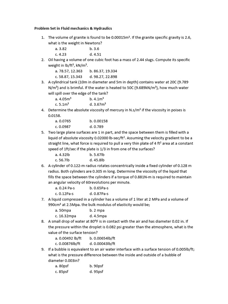 Fluid Mechanics Problem Set Answer Key | PDF | Pressure | Jet Engine