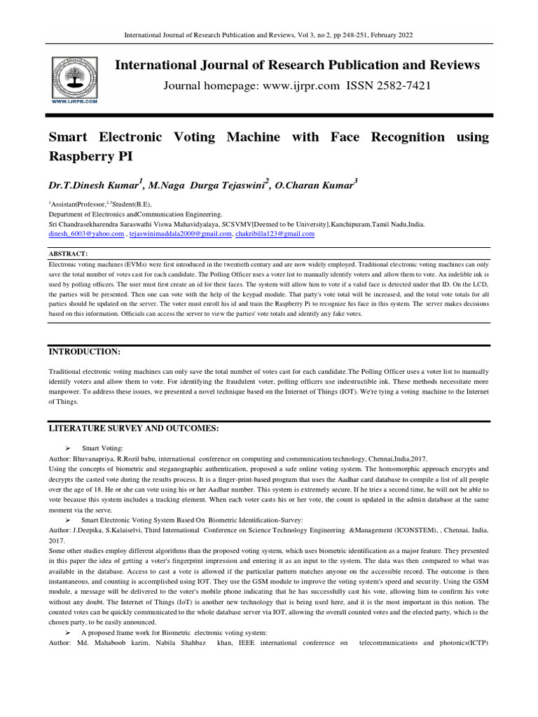 Ijrpr2623 Smart Electronic Voting Machine With Face Recognition Using Raspberry Pi | PDF ...