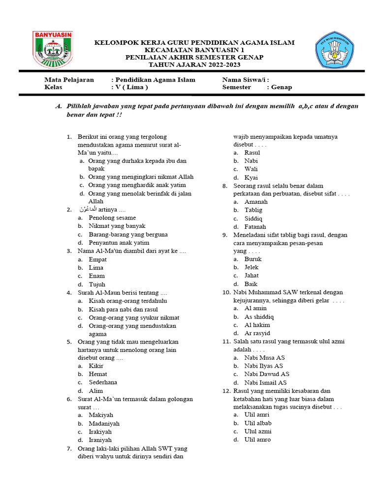 Soal Pas Pai Kelas 5 Semester 2 | PDF