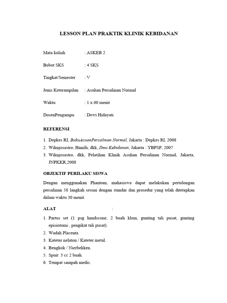 LESSON PLAN PRAKTIK KLINIK KEBIDANAN (1) (Repaired) baru | PDF