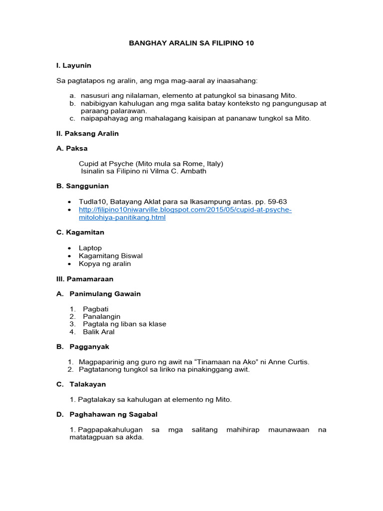 Banghay Aralin Sa Filipino 10 | PDF