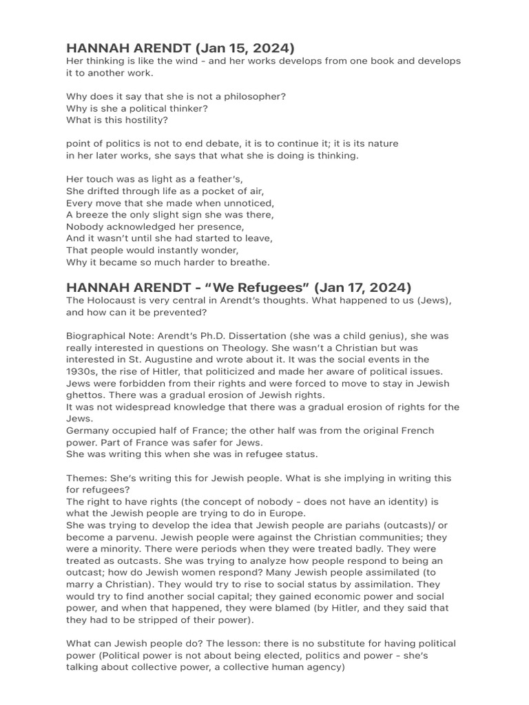 HANNAH ARENDT CLASS NOTES (Jan 15, 2024) | Download Free PDF | Hannah ...