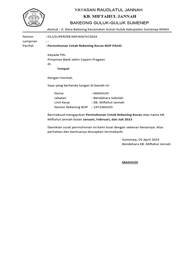 Contoh Surat Permohonan Cetak Rek Koran Jatim Bop | PDF Contoh Surat Permohonan Cetak Rek Koran Jatim Bop | PDF