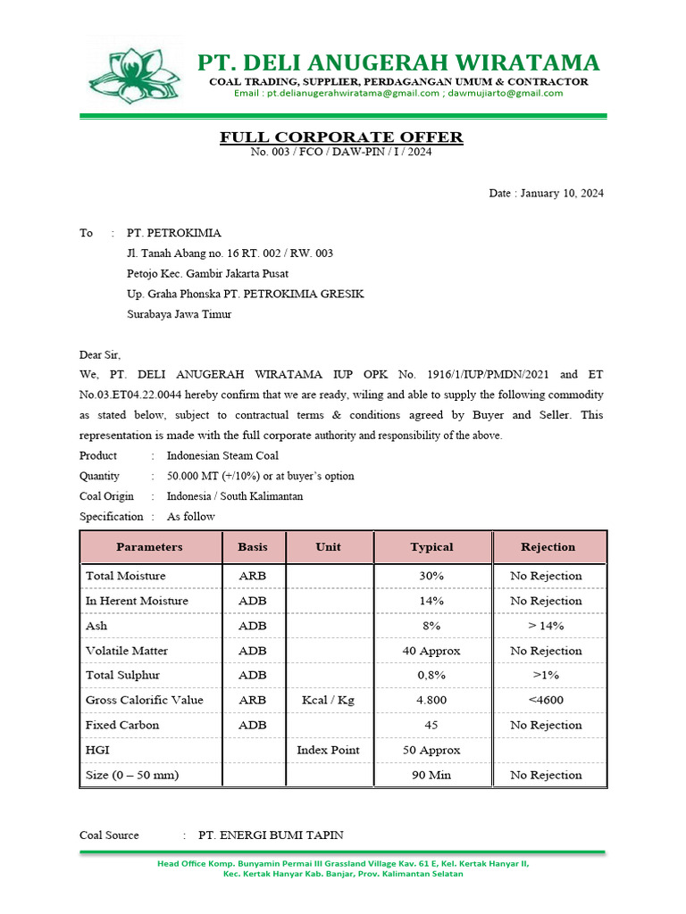 FCO PT. DAW To PT. PETROKIMIA | PDF