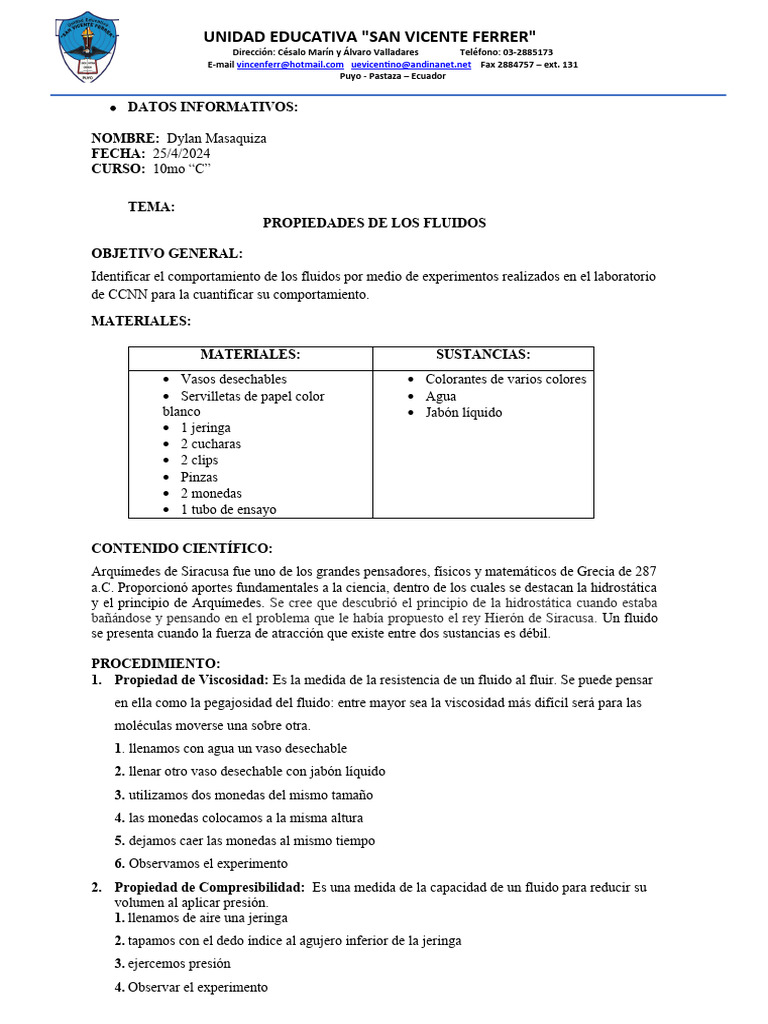 Informe de Laboratorio CCNN Decimo C | PDF | Líquidos | Tensión superficial