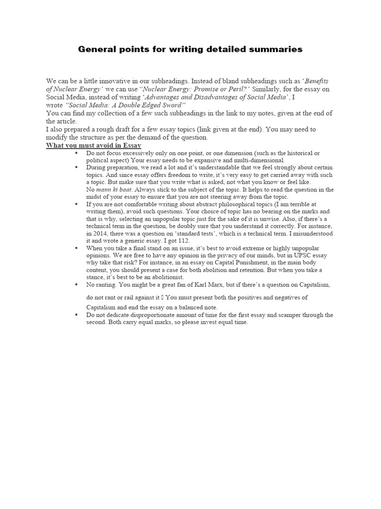 General Points For Writing Detailed Summaries | PDF