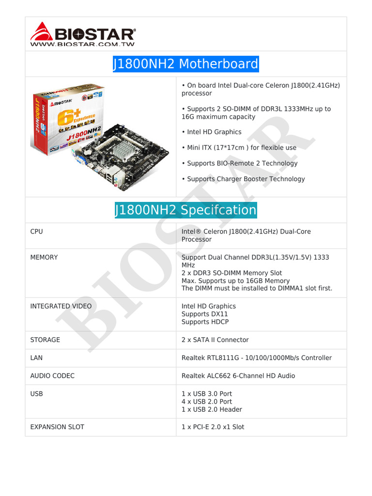 Biostar J1800NH2 Spec | PDF | Electrostatic Discharge | Bios