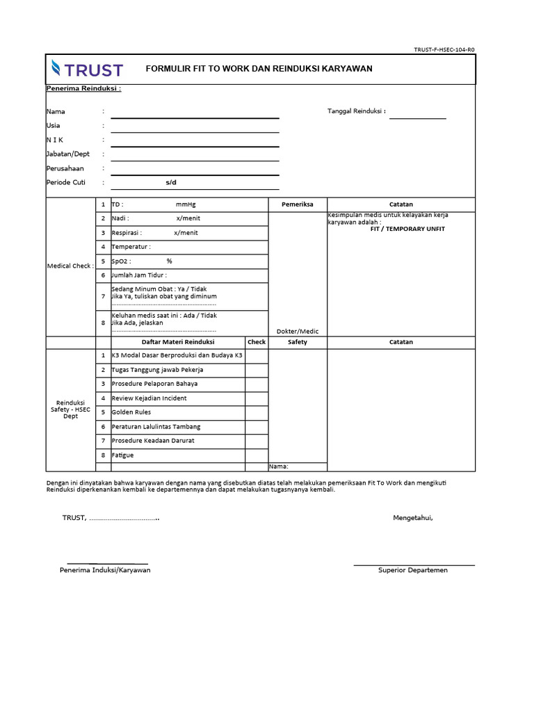 TRUST-F-HSEC-104-R0 Form Fit To Work & Reinduksi Karyawan | PDF