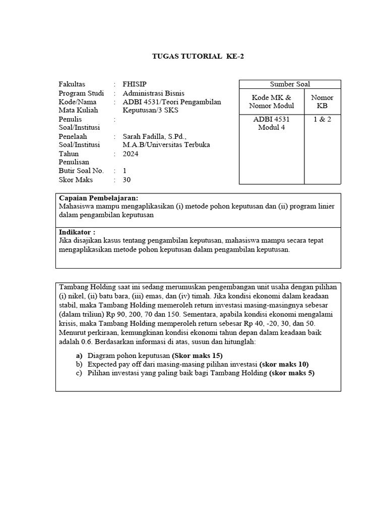Tugas Tutorial Ke2 2024 Teori Pembuat Keputusab | PDF