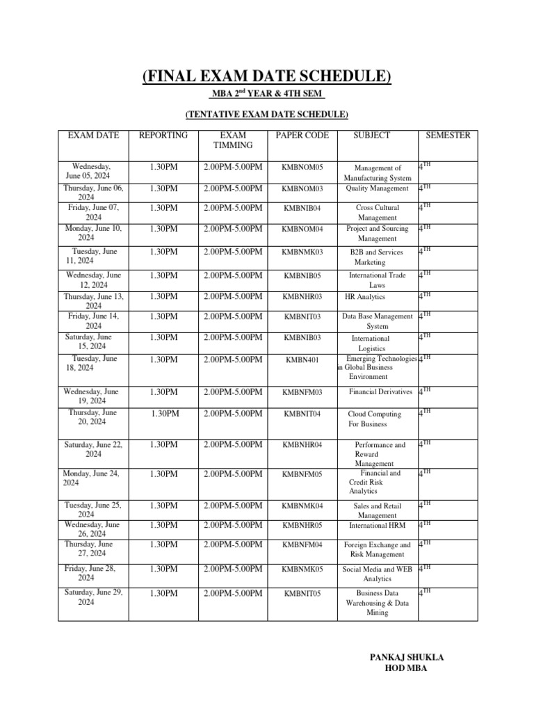 MBA 4th Semester Exam Schedule 2024 | PDF | Analytics | Business