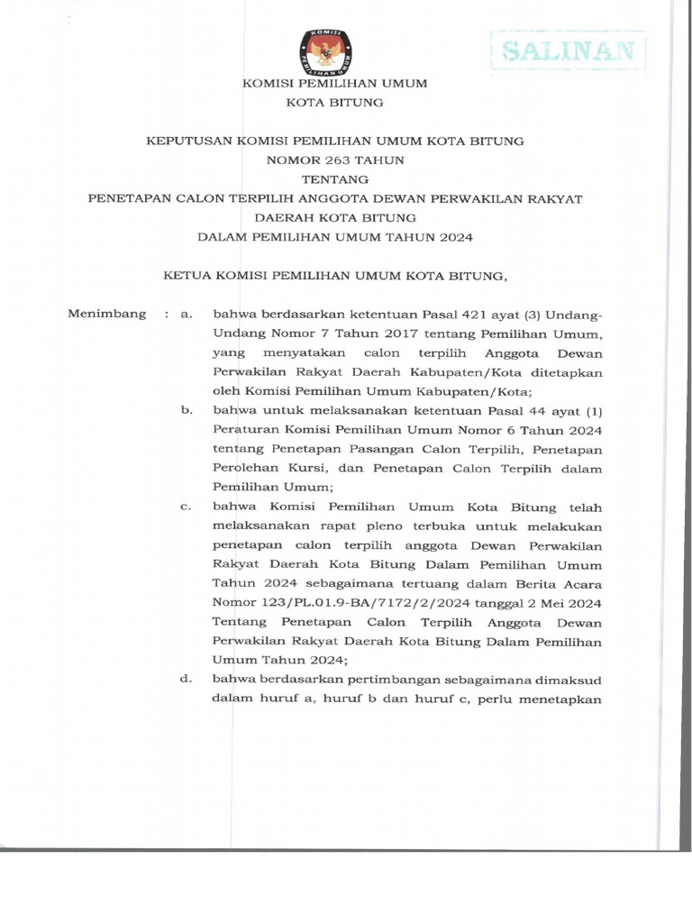 SK PENETAPAN CALON TERPILIH ANGGOTA DPRD KOTA BITUNG | PDF