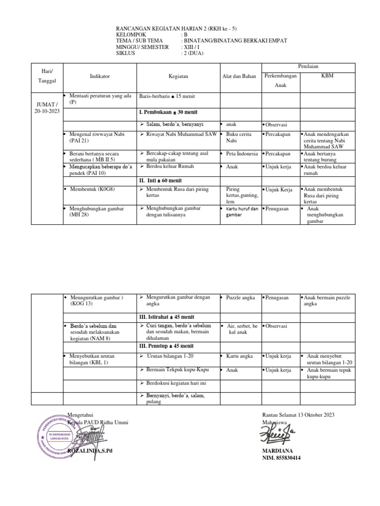 Lampiran RKH Siklus 2 Hari Ke 10, Skenario Perbaikan Dan Refleksi | PDF