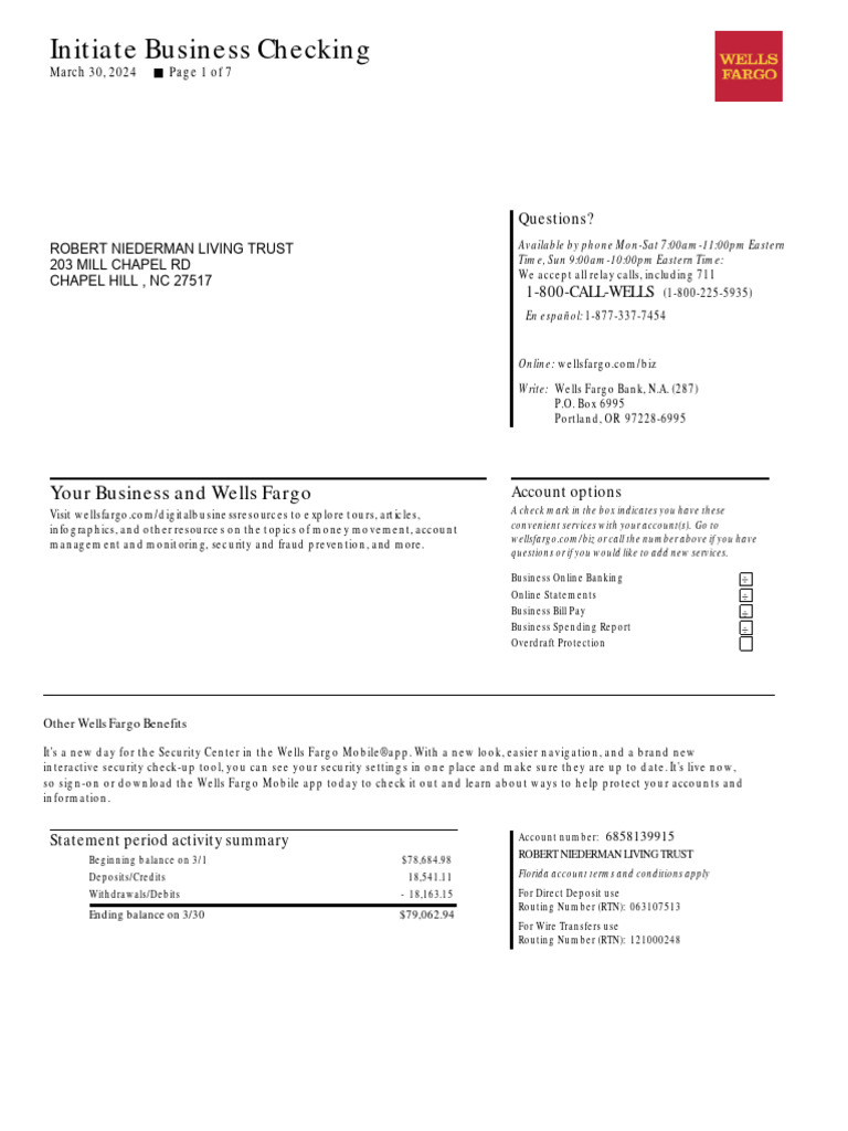 Robert Niederman Trust Bank Statement Mar 24 | PDF | Overdraft | Wells ...