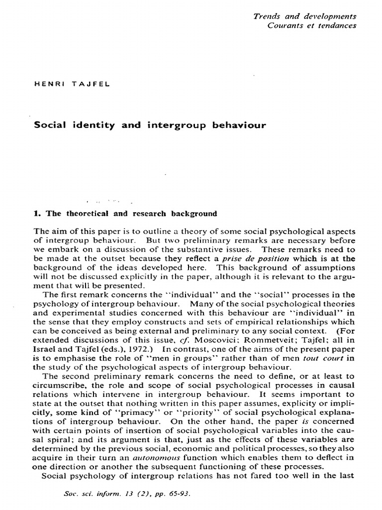 Tajfel 1974 Social Identity and Intergroup Behaviour | PDF | Social ...