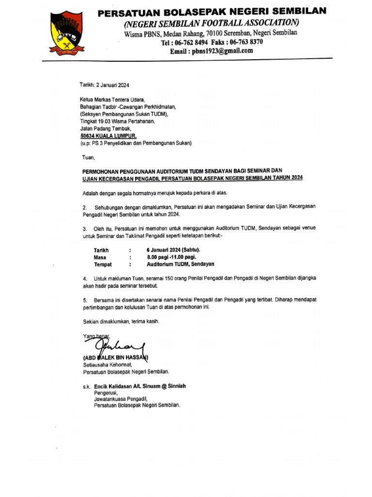 Permohonan Penggunaan Auditorium Tudm Sendayan - 240105 - 100001 | PDF