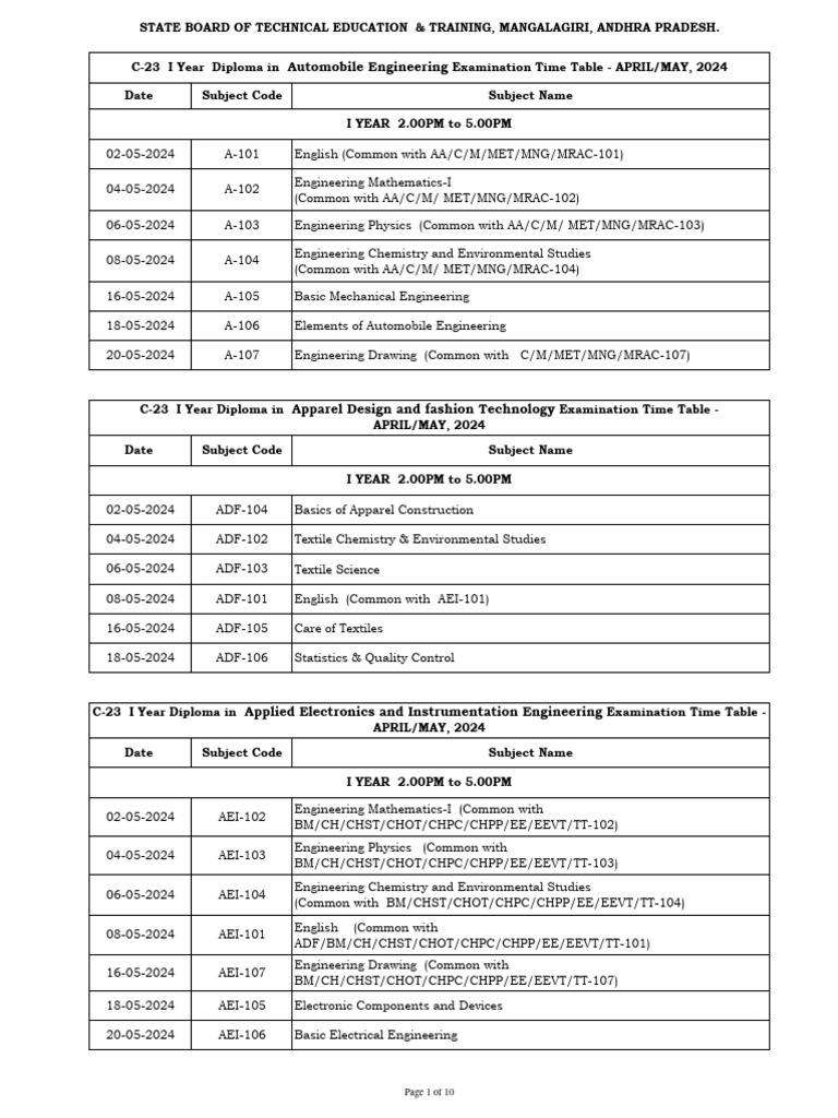 C-23 1st Year Time Table | PDF | Engineering | Electrical Engineering