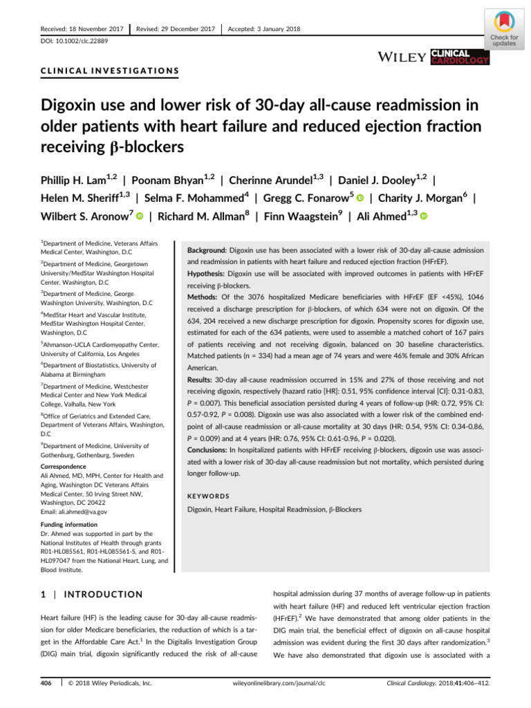 Digoxin Use and Lower Risk of 30-Day All-Cause | Download Free PDF | Heart Failure | Clinical ...