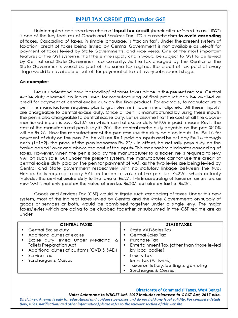 Input Tax Credit Under GST | PDF | Value Added Tax | Taxes