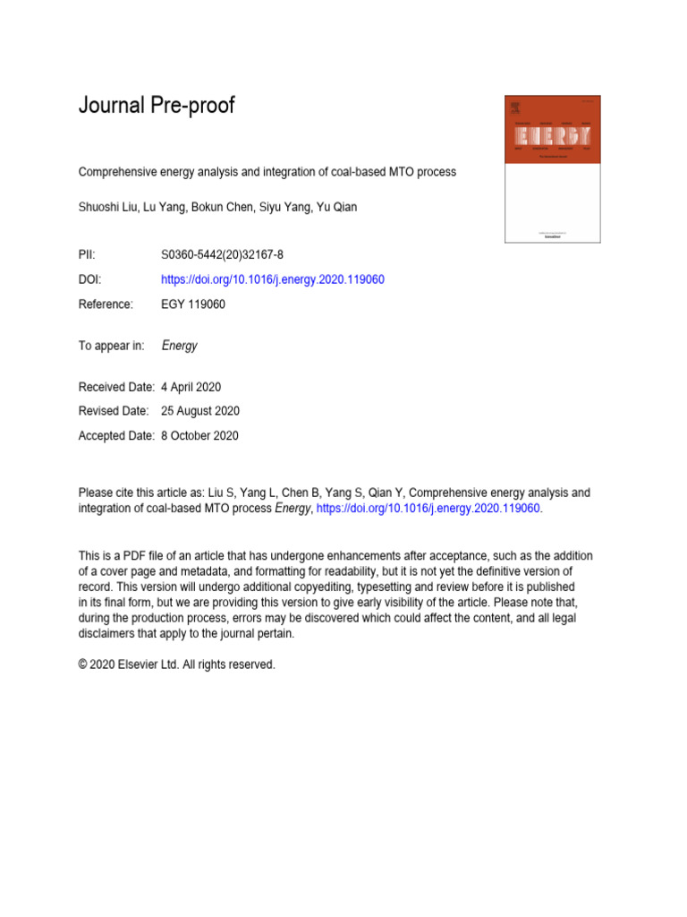 Journal Pre-Proof: Energy | PDF | Methanol | Alkene