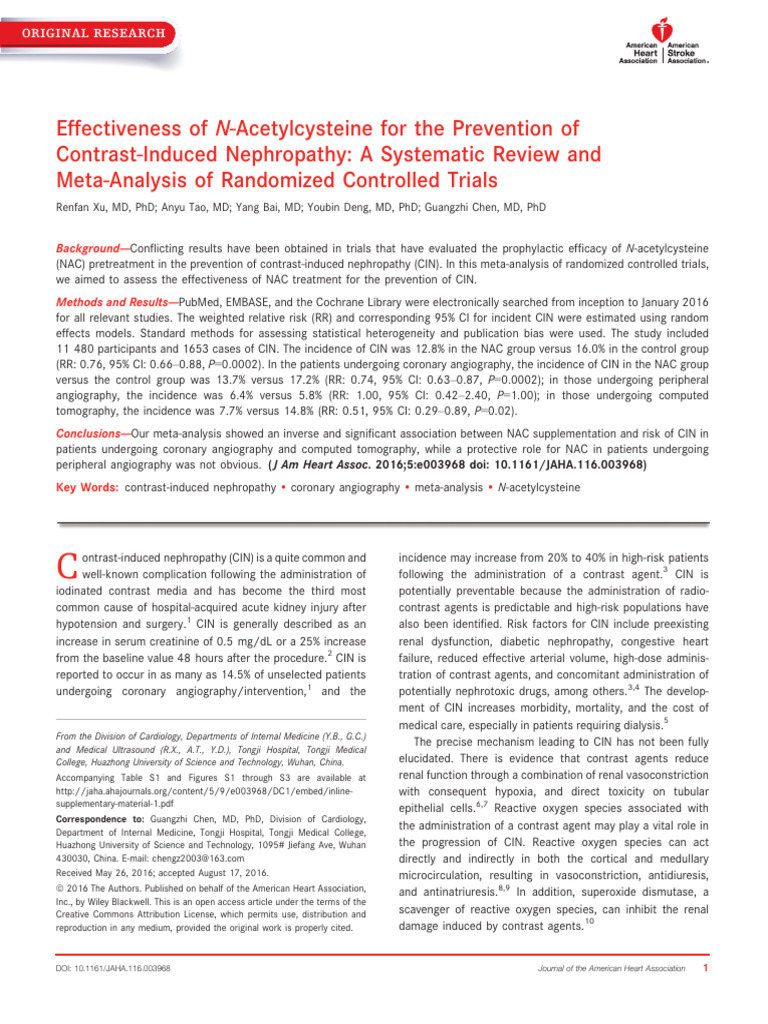 Effectiveness of N-Acetylcysteine For The Prevention of Contrast Induced Nephropathy | PDF ...
