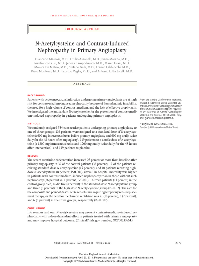 N-Acetylcysteine and Contrast-Induced Nephropathy | PDF | Heart ...