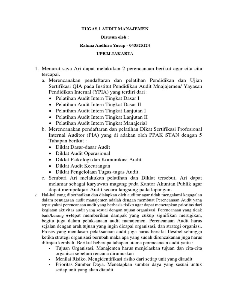 Tugas 1 - 043525124 - Rahma Andhira Yusup - EKSI4413 AUDIT MANAJEMEN | PDF | Karier ...