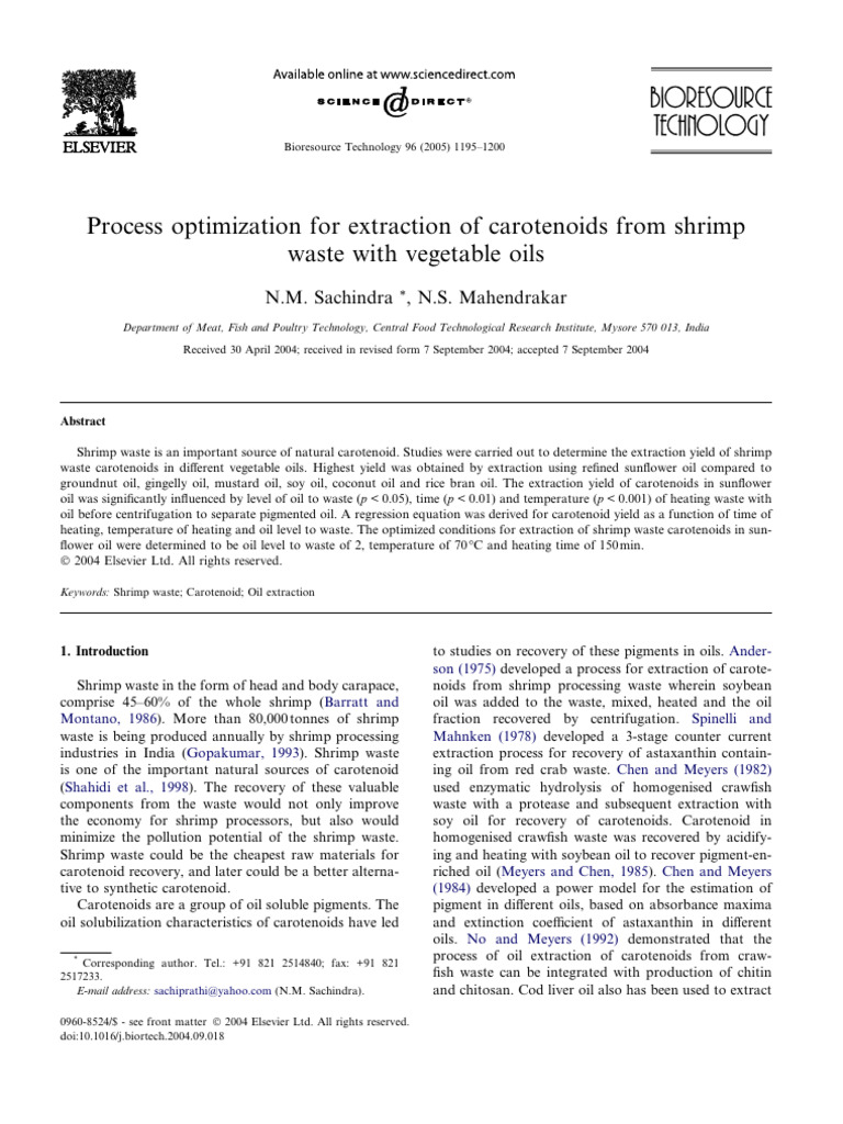 Process Optimization For Extraction of Carotenoids From Shrimp | PDF | Vegetable Oil | Foods