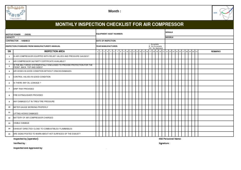 Air Compressor Monthly Inspectionchecklist | PDF | Mechanical ...