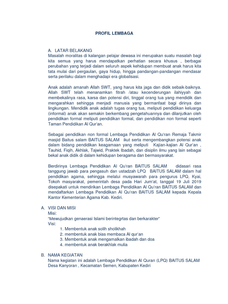 Profil Lembaga Pendidikan Al Qur'an BAITUS SALAM | PDF