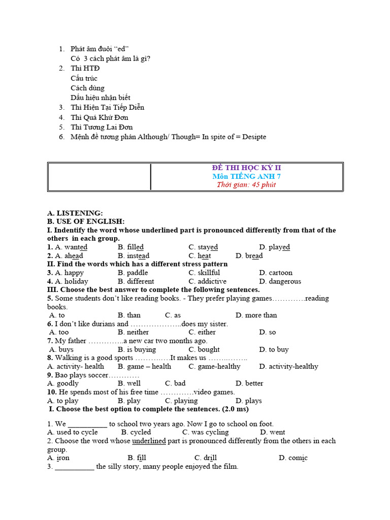 Đề Thi Thử Cuối Kì 2 Anh 7 | PDF