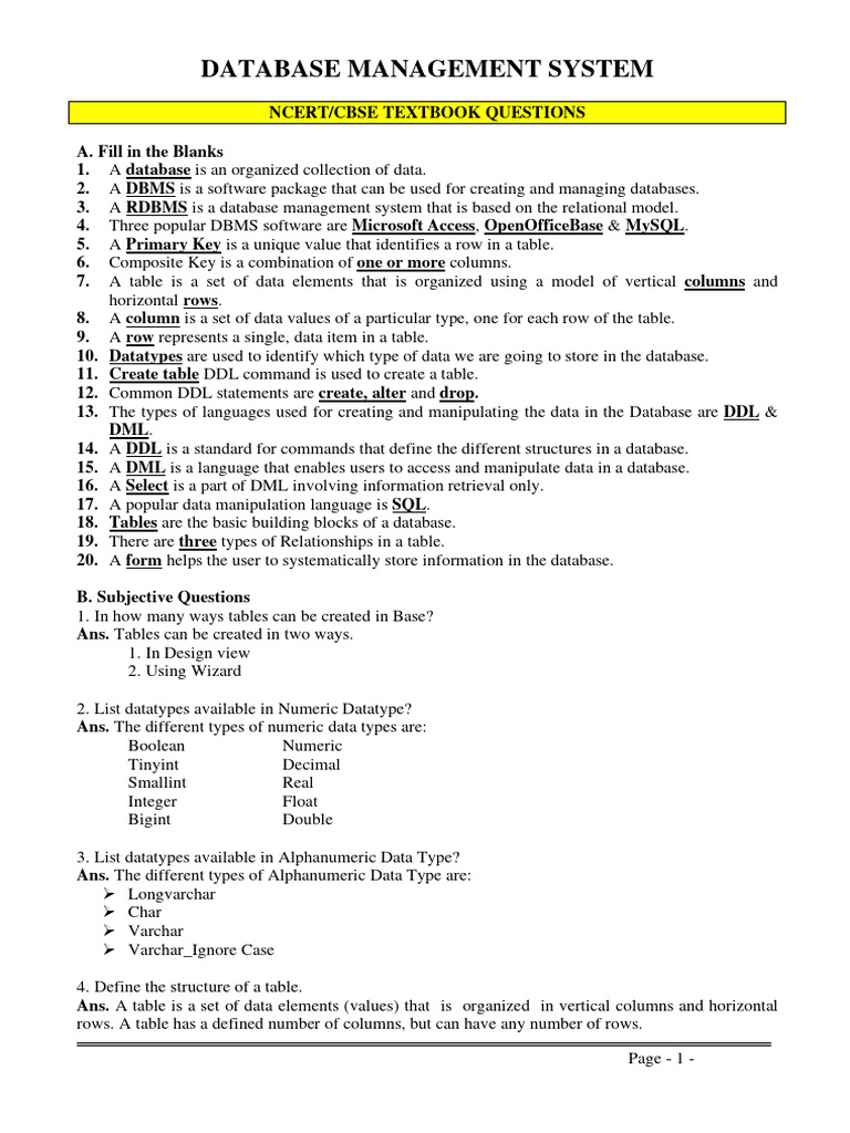 Database Management System Important Questions Answers Pdf Relational Database Databases