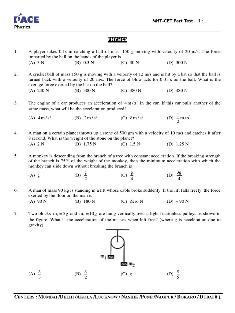 Physics: MHT-CET Part Test - 1: Physics | PDF | Force | Newton's Laws ...
