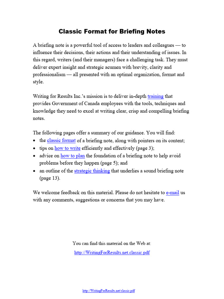 Classic Format for Briefing Notes | PDF | Swot Analysis | Goal