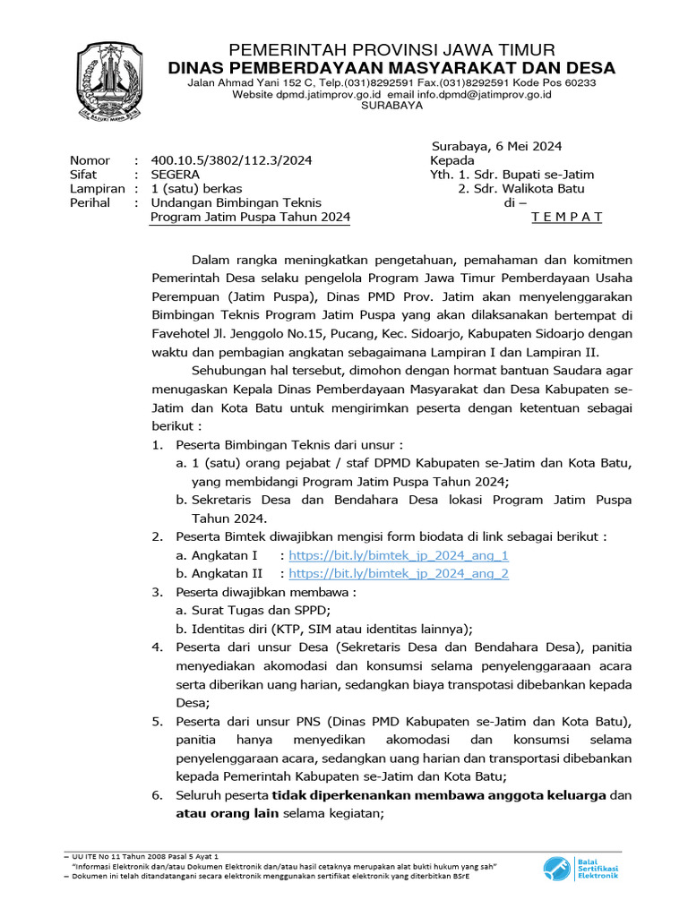 Surat Bimtek Program Jatim Puspa 2024. TTE - Sign | PDF