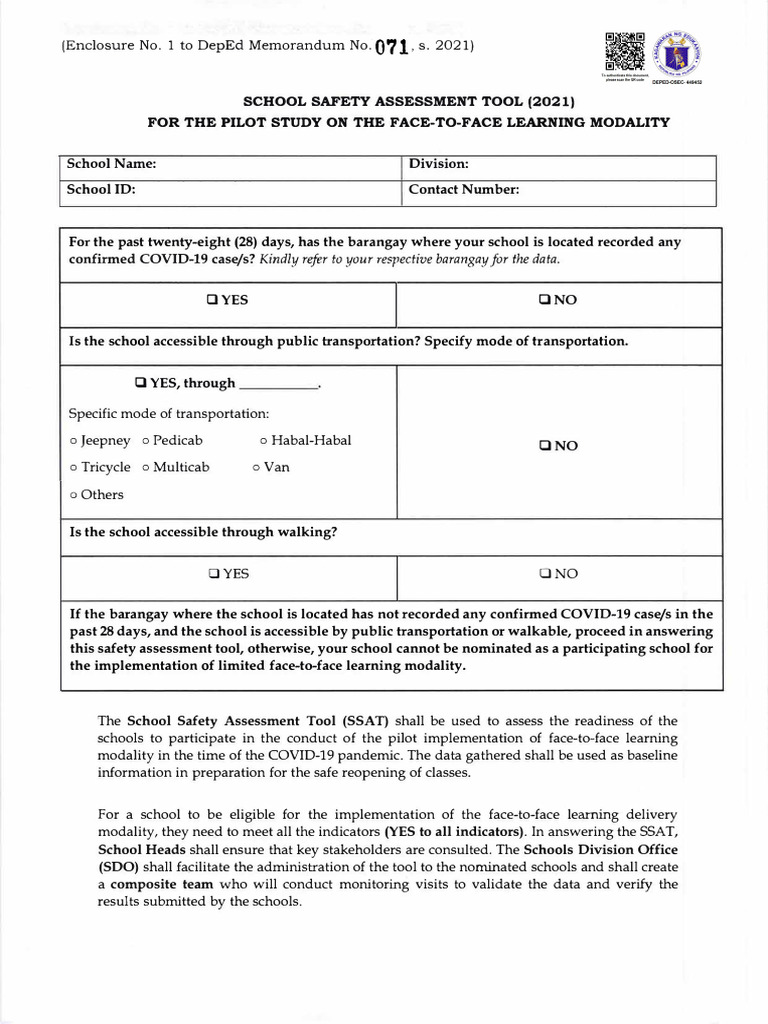 School Safety Assessment Tool 2021 | PDF | Personal Protective ...