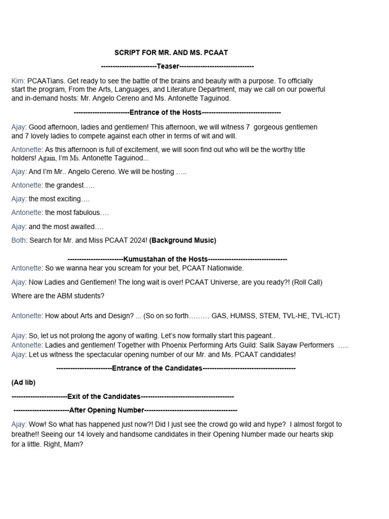 SCRIPT FOR MR. and MS. Intrams | PDF