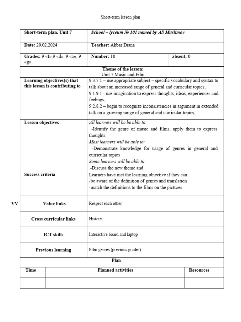 ҚМЖ 9 grade Music and Film | PDF | Learning | Lesson Plan