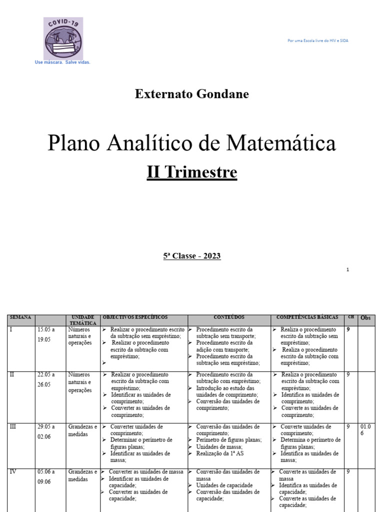 Plano de Matemática - 5ª Classe 2023 | PDF | Exponenciação | Multiplicação