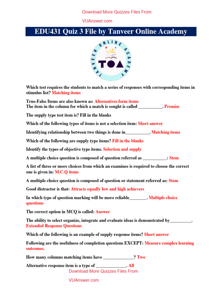 EDU431 Quiz 3 File by Tanveer Online | PDF | Multiple Choice | Rubric ...