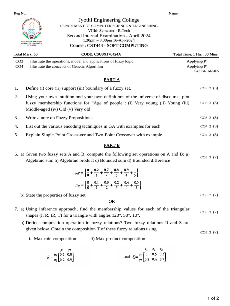 CST444 - Soft Computing-CS-16 - 04 - 24-Set-A | PDF | Fuzzy Logic | Computer Science