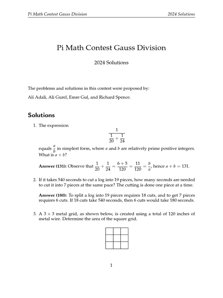 Gauss Math Contest 2024 Solutions | PDF | Triangle | Decimal