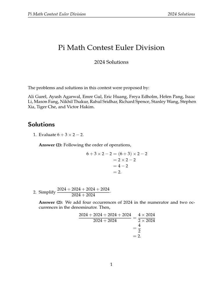 Pi Math Contest 2024 Solutions | PDF | Numbers | Length
