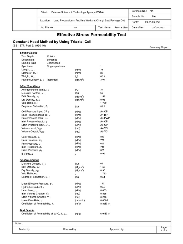 (Perm - 3) Bentonite - 38mm - Report Example | PDF | Pressure | Porosity
