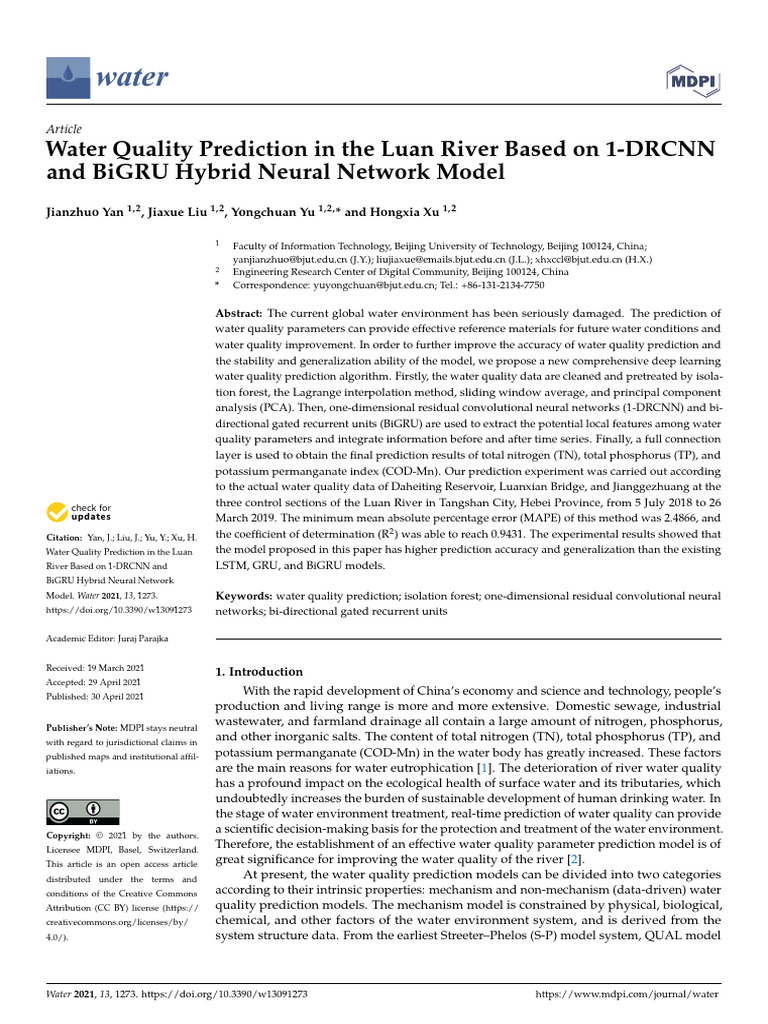 Water Quality Prediction in The Luan River Based On 1-DRCNN and BiGRU Hybrid Neural Network ...
