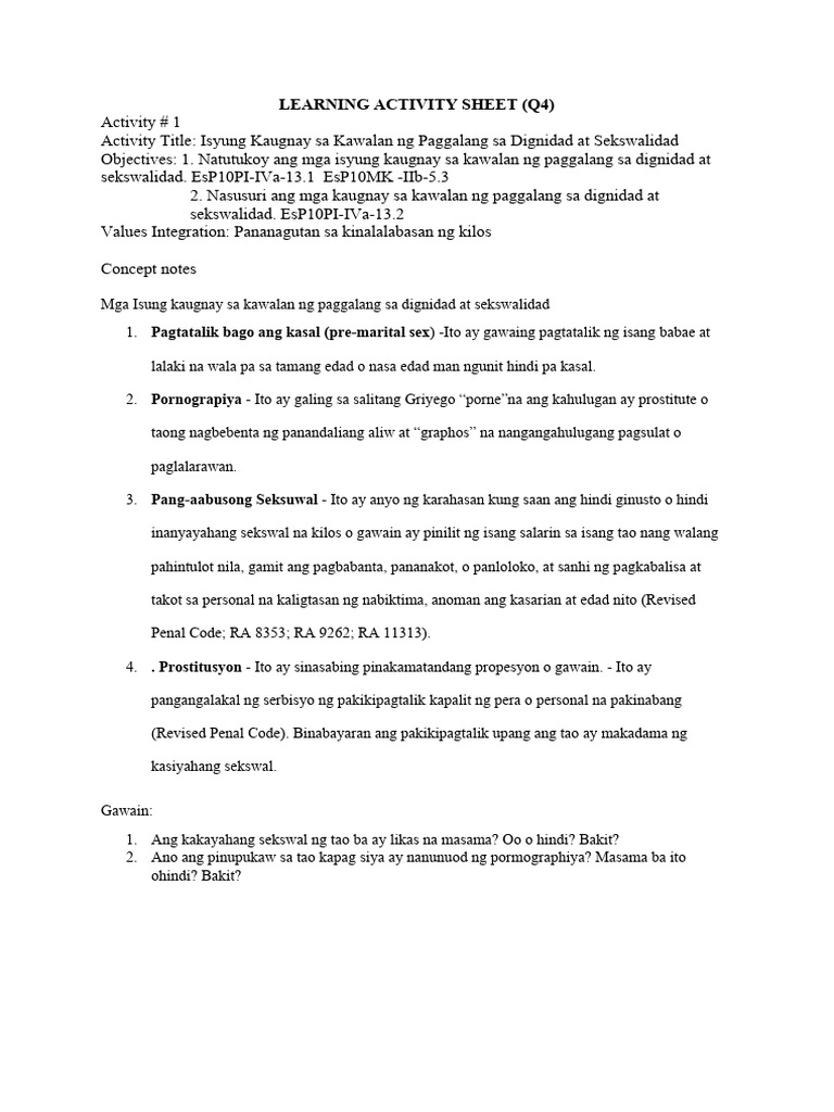 LEARNING ACTIVITY SHEET Grade 10 q4 | PDF